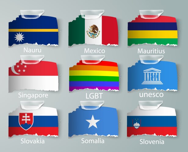 Realistic set flags paper countries Royalty Free Vector