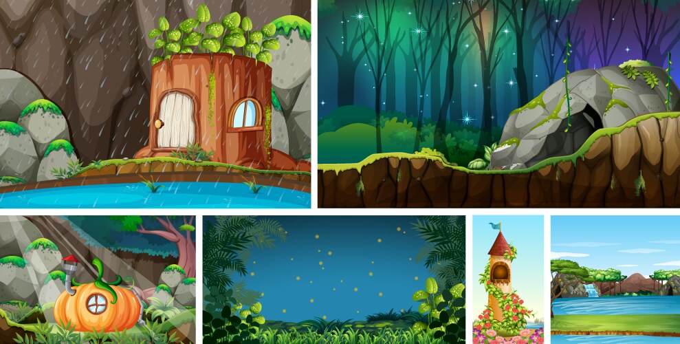 Six different scene fantasy world Royalty Free Vector Image