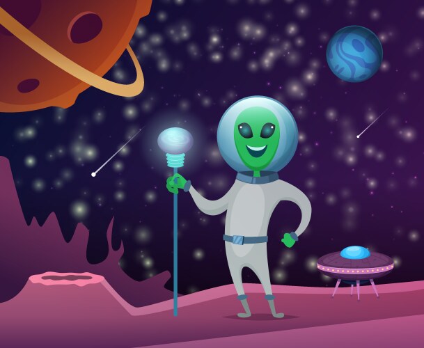 Space scene with rocket and alien Royalty Free Vector Image