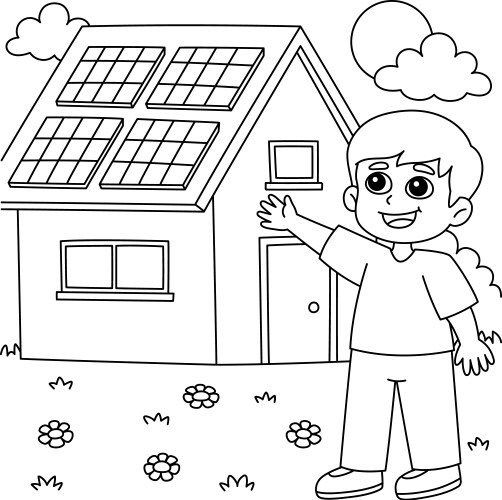 Solar panel house isolated coloring page for kids Vector Image