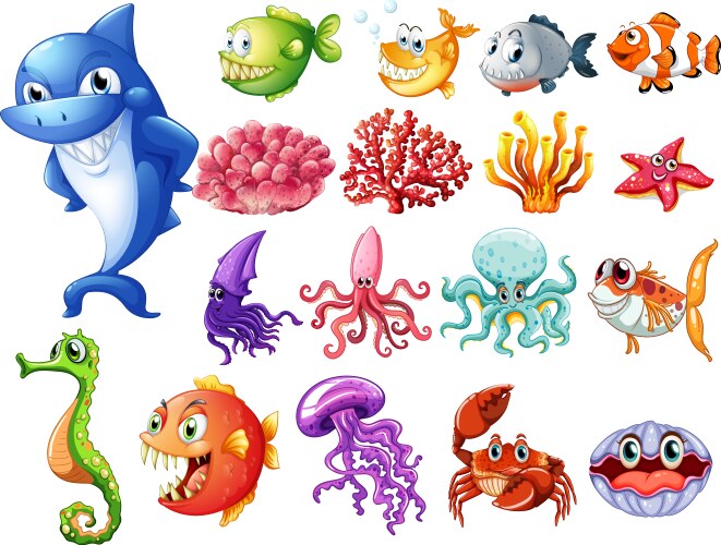 Colorful set of various sea creatures cartoon Vector Image