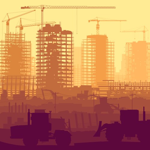 Construction site with buildings and cranes Vector Image