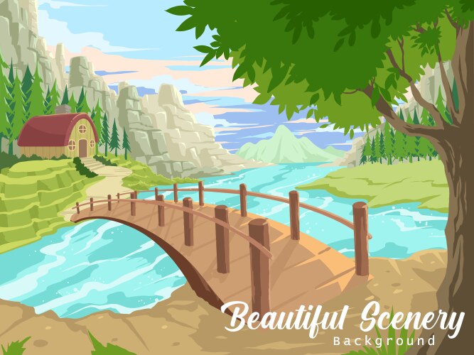Woodcut mountain lake scene Royalty Free Vector Image