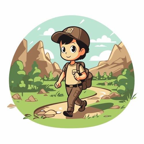 A kid boy hiking in the landscape with compass Vector Image