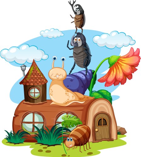 Cartoon funny insects with mushroom house Vector Image