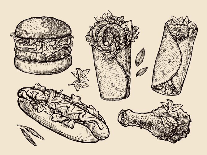 Fast food set hand drawn Royalty Free Vector Image