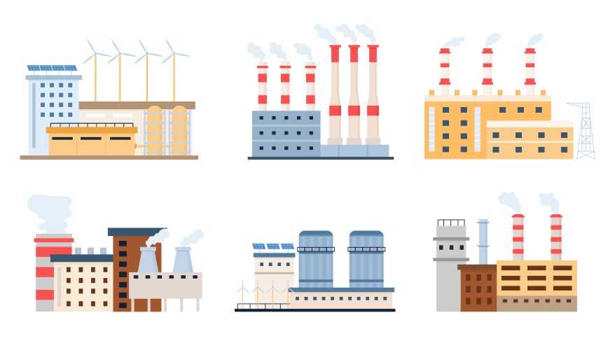 Industrial factory buildings architectural set Vector Image