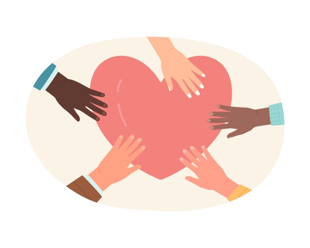 Multicultural hands touching one heart Royalty Free Vector