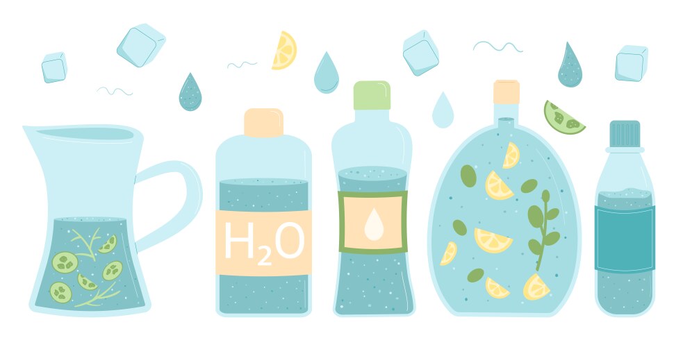Water with addition in different containers set Vector Image