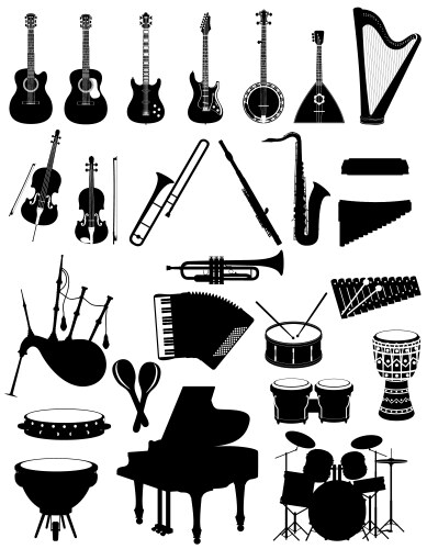 Assorted black musical instruments icons Vector Image