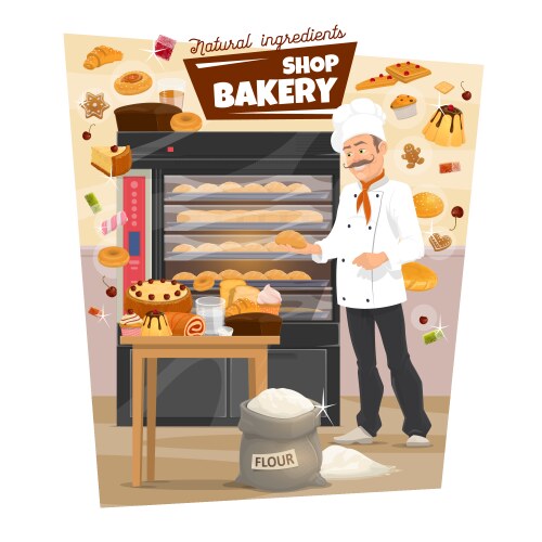 Bakery shop assortment with bread and cakes set Vector Image