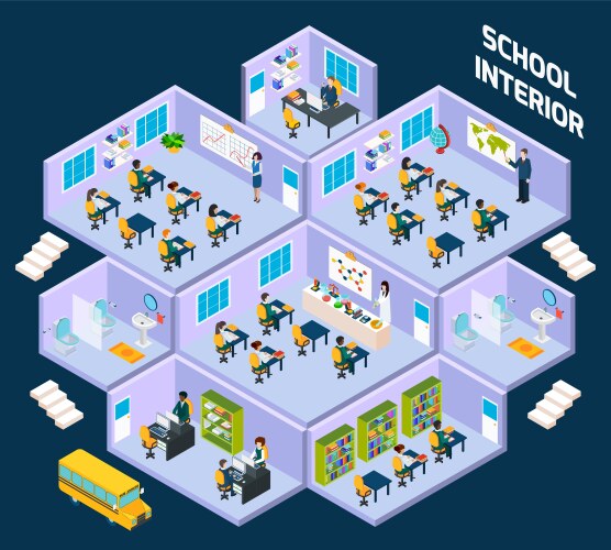 School rooms isometric library dining room Vector Image