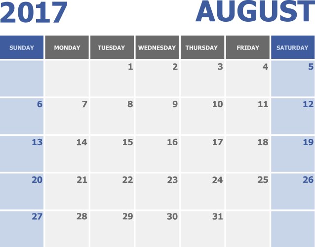 August monthly calendar for 2020 year Royalty Free Vector