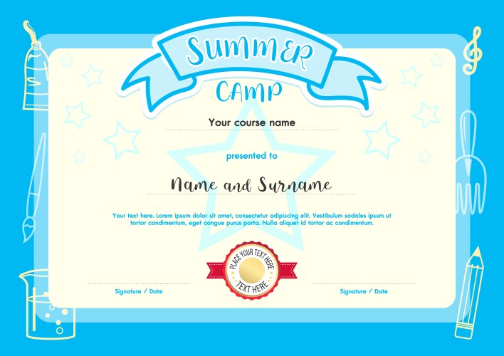 Kids summer camp certificate document template Vector Image