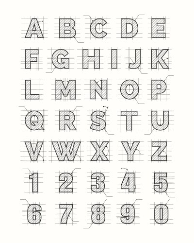 Blueprint alphabet drafting paper letters Vector Image