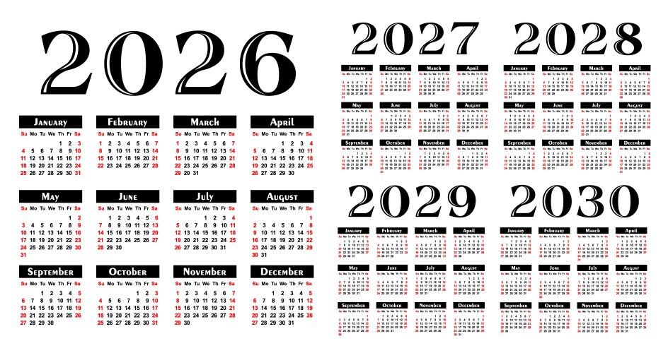 Calendar templates for a year 2024 - 2030 Vector Image
