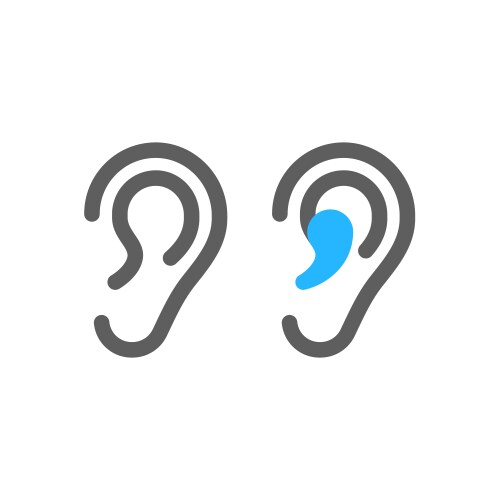 Boy uses hearing aid and puts palm to ear smiles Vector Image