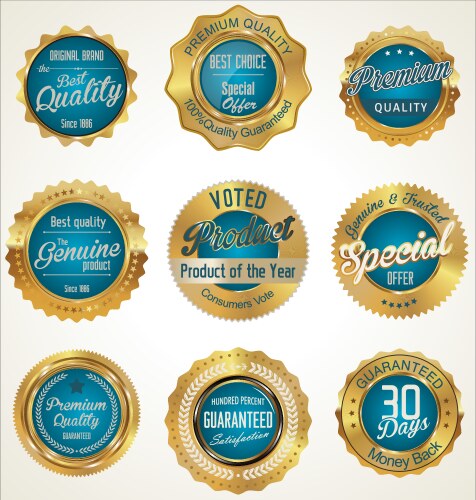 Quality gold and blue badges labels collection Vector Image