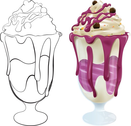 Colorful and outline versions of a sundae Vector Image