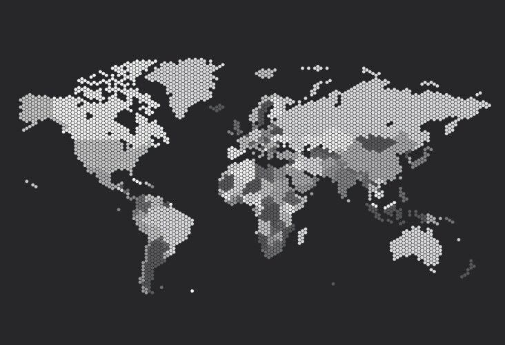 Greyscale world map on black background Royalty Free Vector