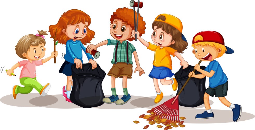 Children cleaning up cartoon character on white Vector Image