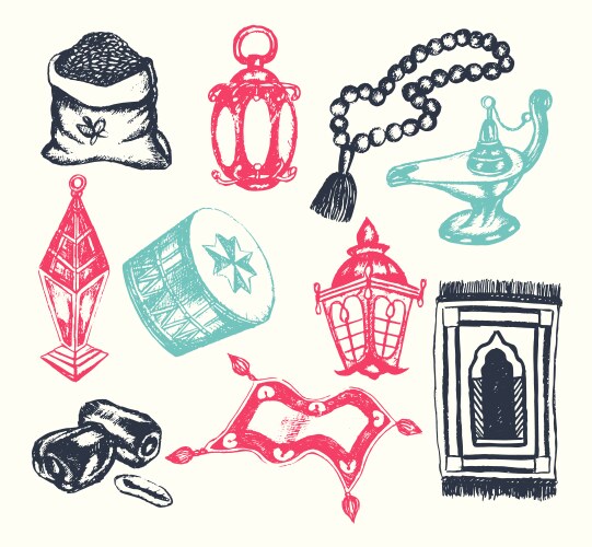 Cartoon muslims and muslim symbols Royalty Free Vector Image