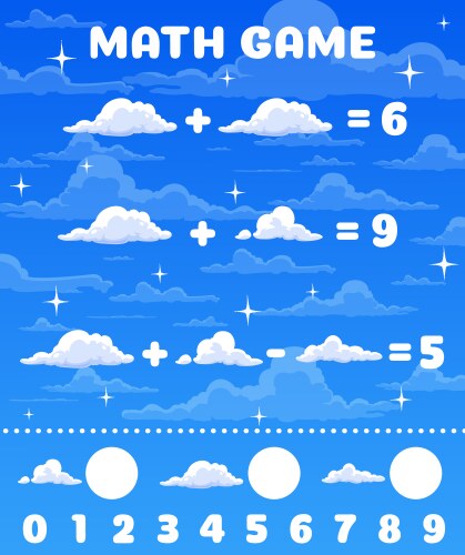 Cartoon white clouds in blue sky math game page Vector Image