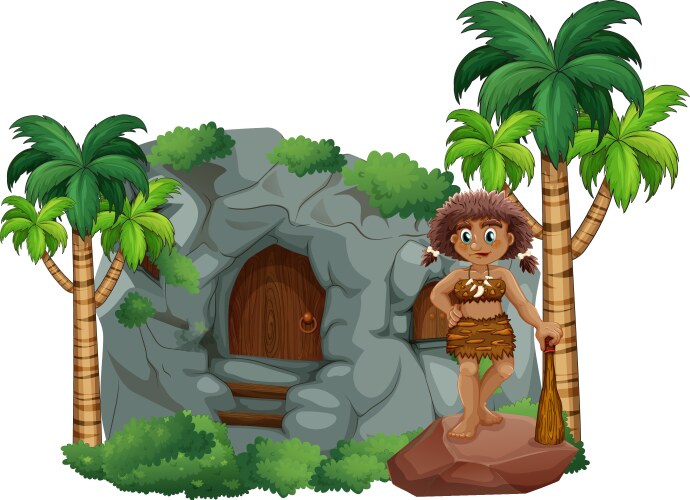 Cartoon caveman sitting with cave background Vector Image