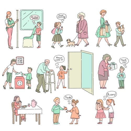 Kids good manners set polite children helping Vector Image