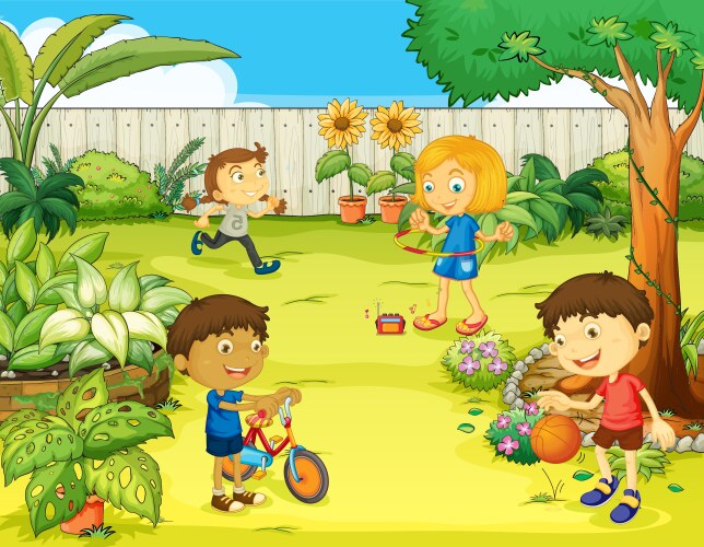 Kids Playing In The Garden Cartoon