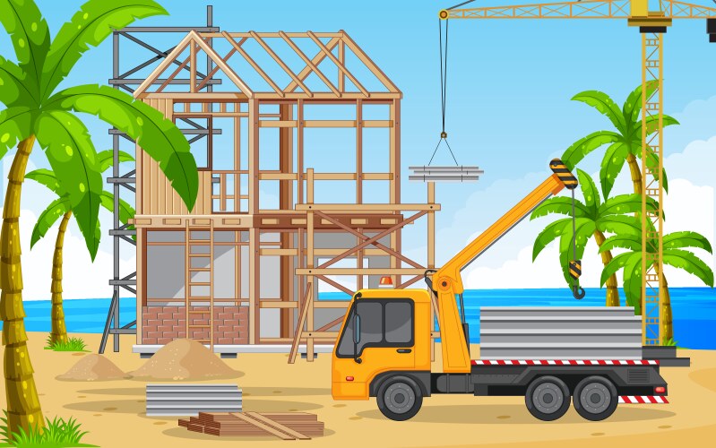 Cartoon scene of building construction site Vector Image