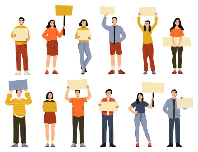 People with banners cartoon characters holding Vector Image