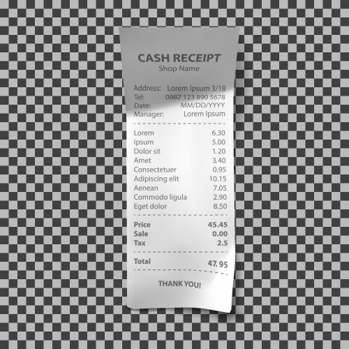 Paper bill or shop payment receipt isolated mockup