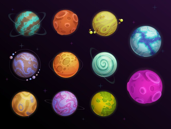 Cartoon colorful fantasy planets set Royalty Free Vector