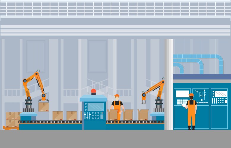 Manufacturing warehouse conveyor with workers 40 Vector Image