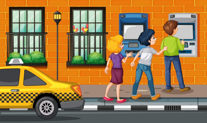 People waiting in line near atm machine Royalty Free Vector