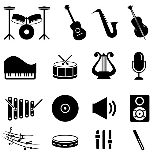 Assorted black musical instruments icons Vector Image