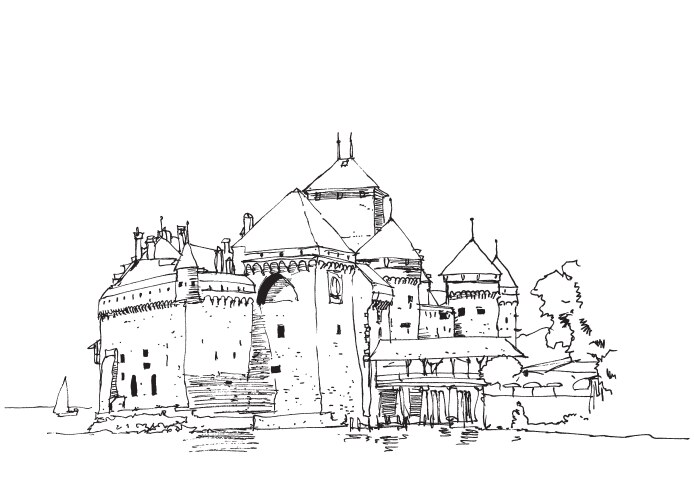 A castle in rocky mountains hand drawing Vector Image