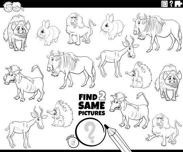 Find two same cartoon wild animals educational Vector Image