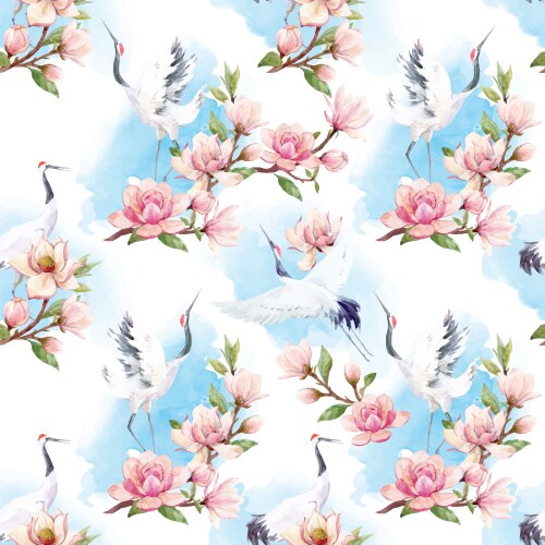 Watercolor crane with flowers pattern Royalty Free Vector