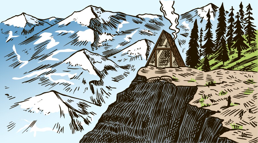 Mountains village hand drawing alpine landscape Vector Image