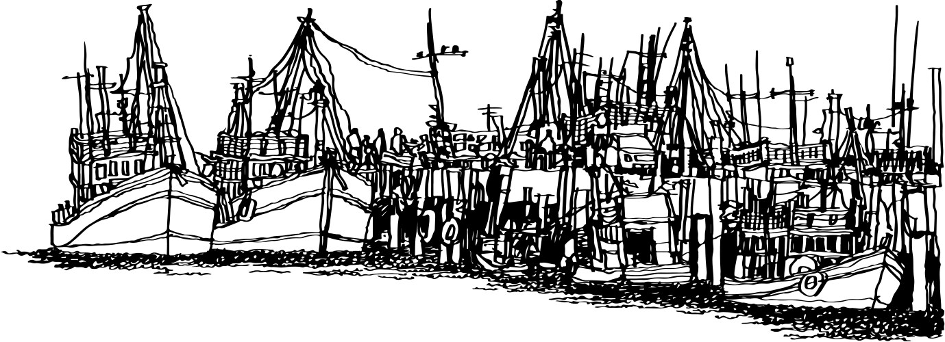 Harbor drawing small buildings and boats on shore Vector Image