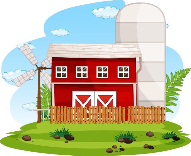 Scene with red barn and hay on farm Royalty Free Vector