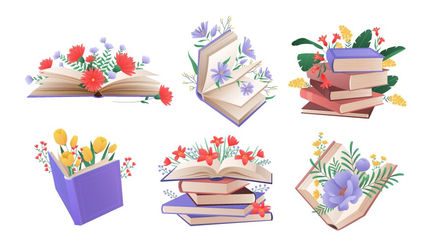 Open book with red and purple flowers Royalty Free Vector
