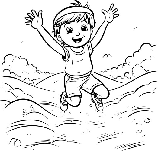 Black and white cartoon of a kid jumping Vector Image
