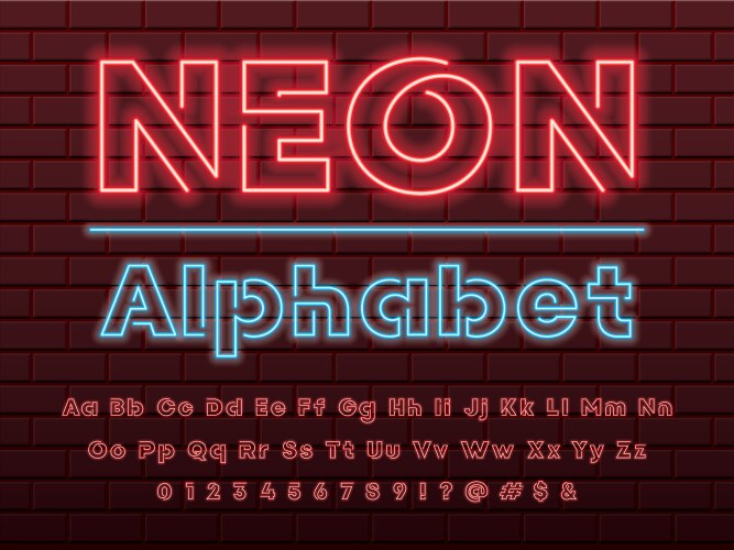 Glowing neon script alphabet font Royalty Free Vector Image