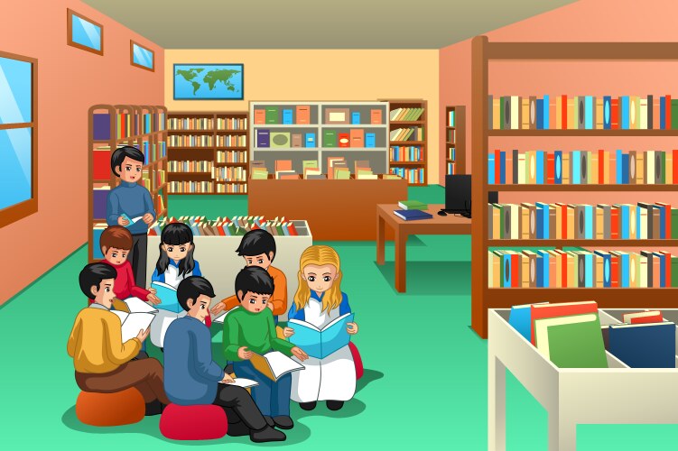 Cartoon kids studying in library Royalty Free Vector Image