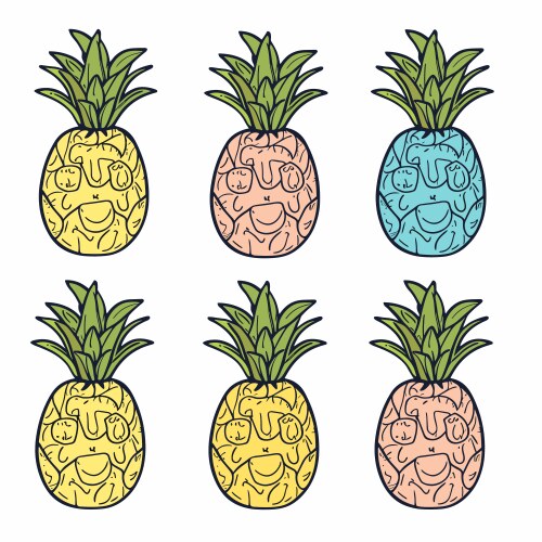 Six stylized pineapples different colors displayed