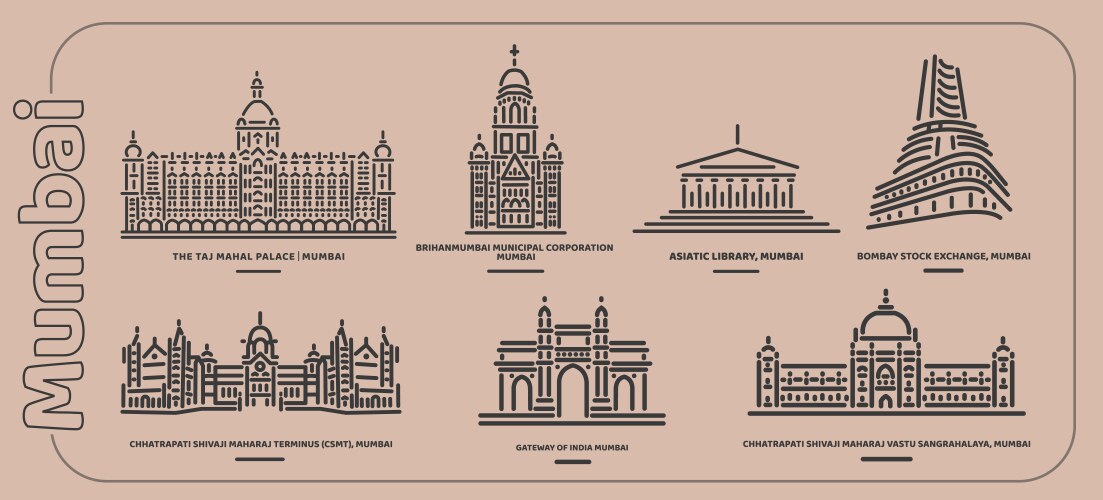 Set of mumbai monuments in silver lines icons Vector Image