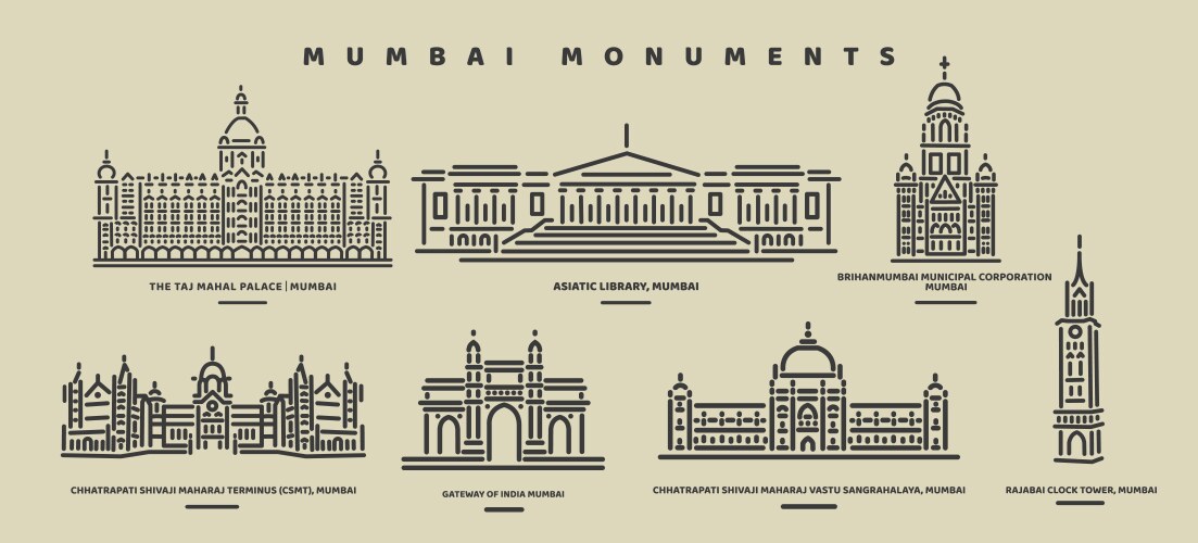 Set of mumbai monuments in gray lines icons Vector Image
